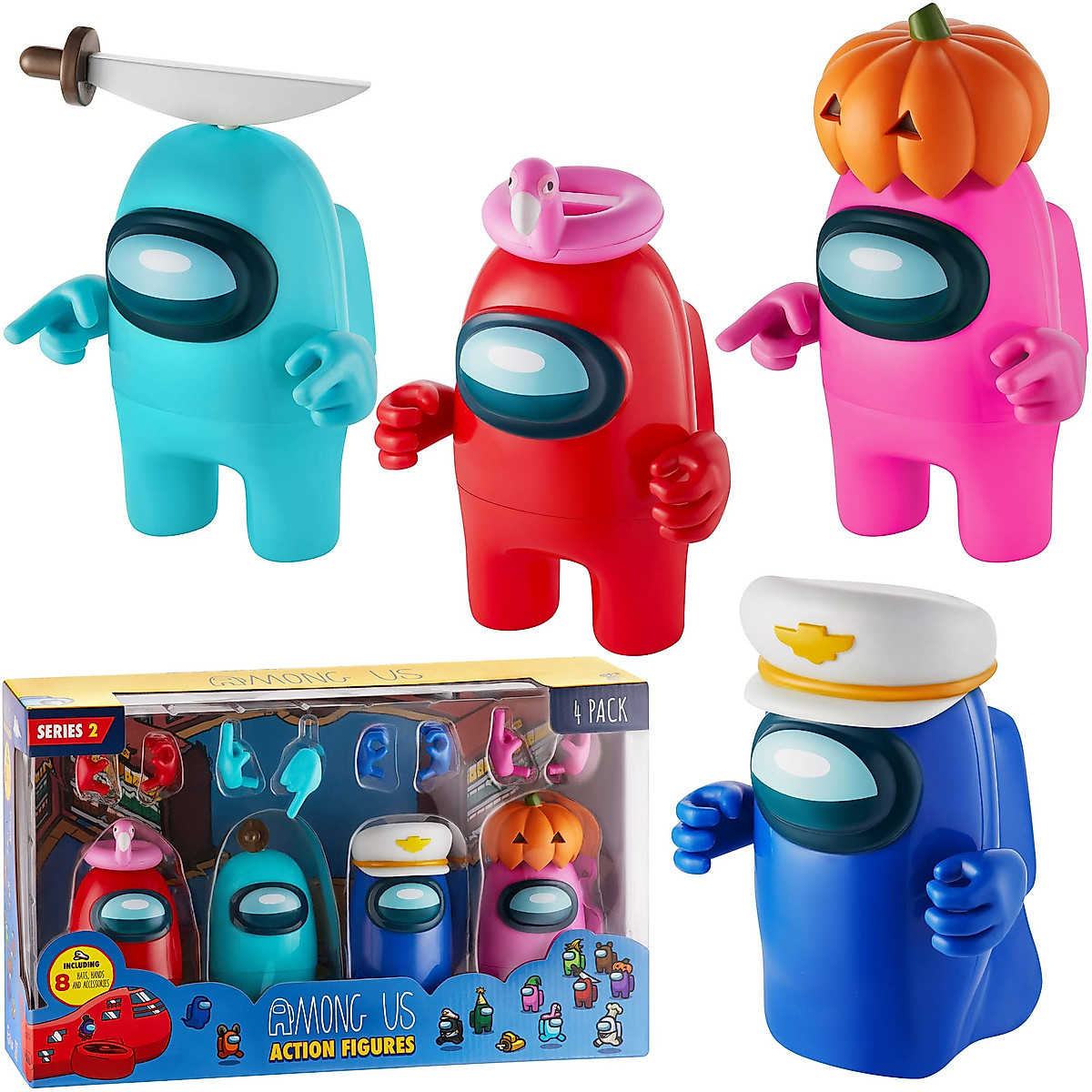 P.M.I. Among Us Action Figures | All Four 4.5-Inch-Tall Collectibles | Among Us Toys and Playable Mini Toys | Red, Pink, and Cyan Crewmates and Blue Ghost with 8 Hats and Hands | Kids’ Toys