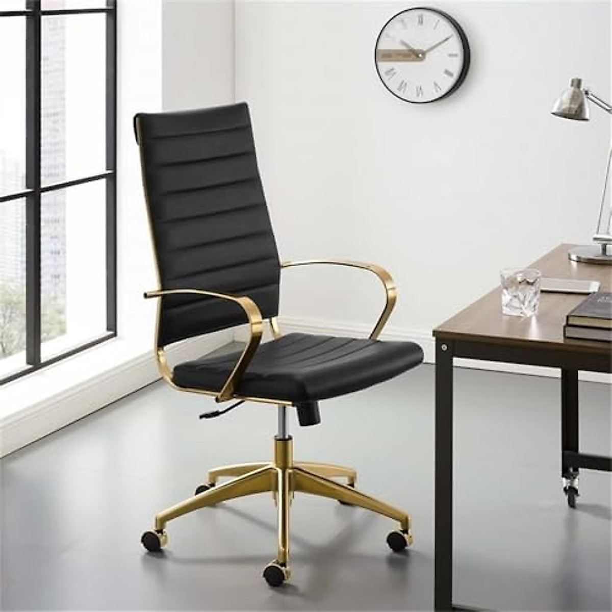 Pemberly Row Faux Leather Stainless Steel Highback Office Chair in Gold/Black