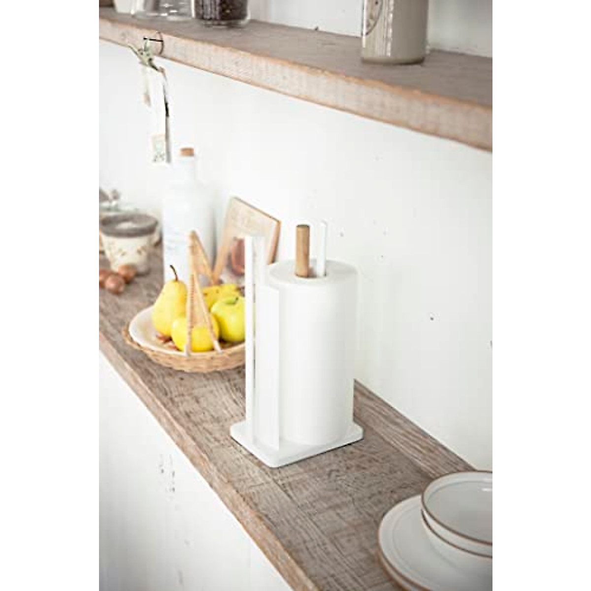 Yamazaki Home One-Handed Tear Paper Towel Holder - Kitchen Storage Rack, Steel + Wood, No Assembly Req.