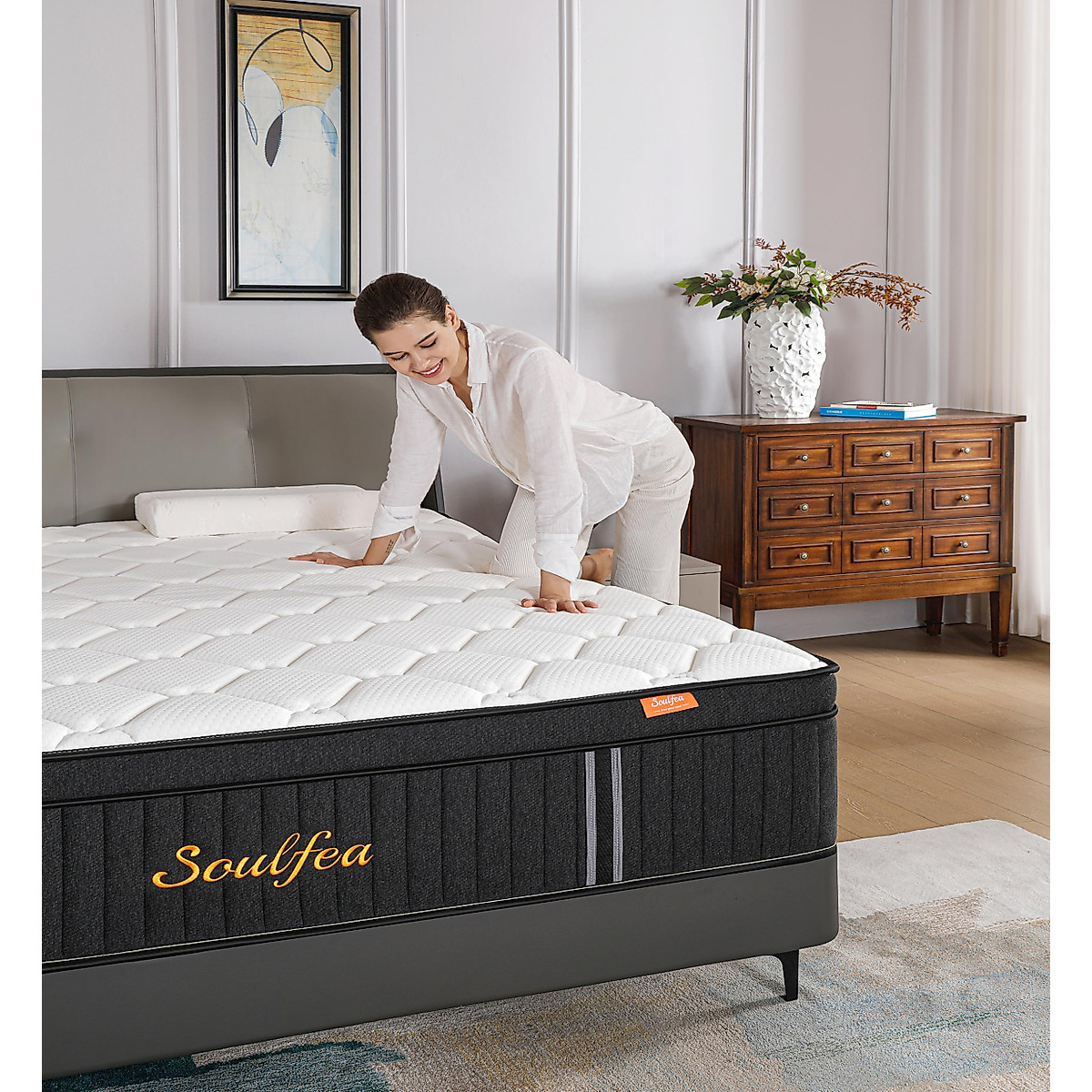 Soulfea Queen Mattresses,14 Inch Queen Size Mattresses in a Box,Memory Foam Hybrid White & Black Mattress with Provide Support and Improve Sleep Mattresses,Pressure Relief,Medium Firm