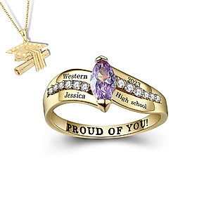 Customized Sterling Silver Women’s High School and College Class Ring – Gem Collection - MEMENTOS JEWELRY (Sterling Silver Gold Plated)