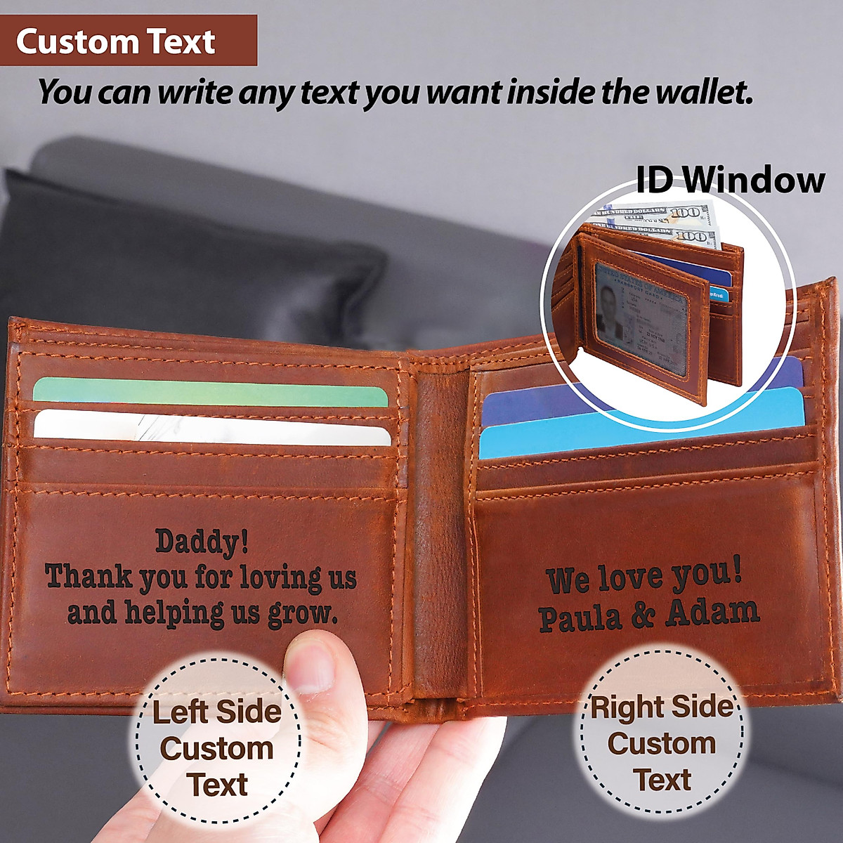 Personalized Leather Wallet for Men, Christmas for Men,Him, Custom Name Wallets, Customazible Gift for Husband, Dad, Boyfriend, Him, Men Gifts for Anniversary, Birthday, Wedding, Fathers Day
