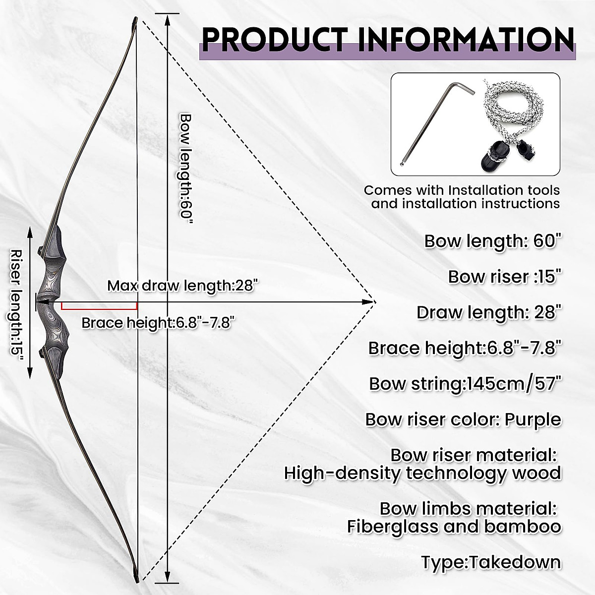 OBTOUTDOOR Archery Takedown Longbow 60inch 20lbs-60lbs Right Hand Traditional Wood Hunting Bows for Target Shooting Practice (40)