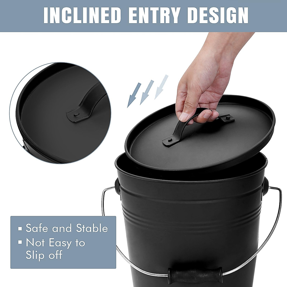 INNO STAGE Ash Bucket with Lid and Wood Handle Coal Shovel, Ash Carrier Pail Fireplace Tools,Fire Pit,Wood Burning Stove Black