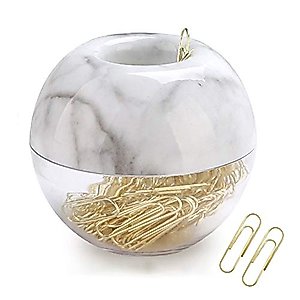 Magnetic Paper Clip Holder, Marble White Holder with Gold Paper Clips 100pcs 28mm(1.1") Cute Office Supplies for Desk Organizer