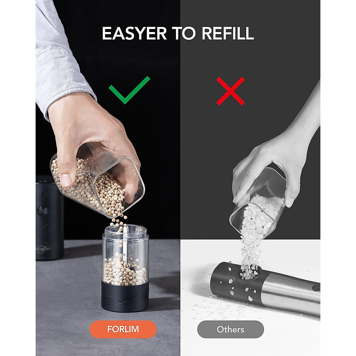 FORLIM Electric Salt and Pepper Grinder Set, USB Rechargeable, Automatic Salt Pepper Mill Grinder with Dust Cover, One-Button Control, Adjustable Coarseness, Warm LED Light (2 Packs, Black&White)