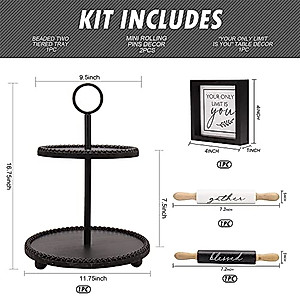 Defined Deco Beaded Black Tiered Tray with 3pcs Tiered Tray Decor for Farmhouse Home Decor, Two Tiered Serving Tray Stand with Decorative Signs and Wooden Plaques for Farmhouse Kitchen Decor