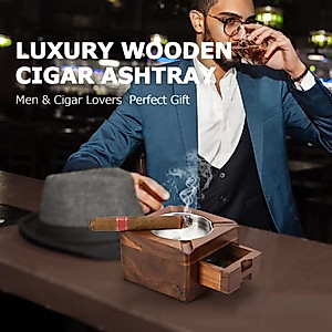 Tesonway Cigar Ashtray, Wooden Ashtray, Square Ashtray 4 Slots Cigar Holder with Cigar Accessories Drawer for Indoor Outdoor Patio Home Office, Personalized Cigar Gifts for Men