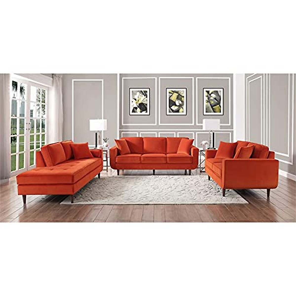 Lexicon Rand 59" Modern Velvet Loveseat with 2 Pillows in Orange