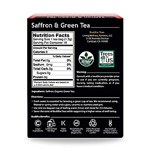 Buddha Teas - Saffron & Green Tea - For Health & Wellbeing - Wild Crafted Tea - With Antioxidants & Minerals - Clean Ingredients - Caffeinated - OU Kosher - 18 Tea Bags (Pack of 1)