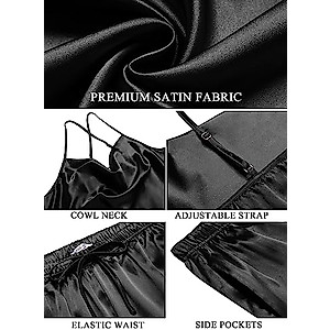 Ekouaer Pjs Women's Summer Silk Pajamas Plus Size Satin Shirt and Long Pants 2 Piece Lounge Tracksuit Outfits Set Black,XX-Large