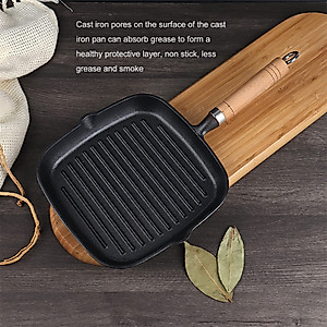 Cast Iron Grill Pan,Square Nonstick Grill Pan,Multipurpose Prevents Stick Quadrate Steak Pan,Stove Top Grill Pan with Detachable Wooden Handle for Bacon Steak Onion