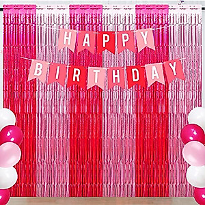 Hot Pink Birthday Decorations Backdrop, Pink and Hot Pink Foil Fringe Curtains Photo Streamers for Girl Sweet Birthday Theme Valentine's Day Wedding Anniversatry Party Decortions (3Pack)