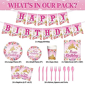 172 Pcs Princess Birthday Party Supplies Serves 24 Include Princess Castle Tablecloth Pink Princess Birthday Banner Princess Party Plates and Napkins Tableware Set for Girls Princess Theme Decorations