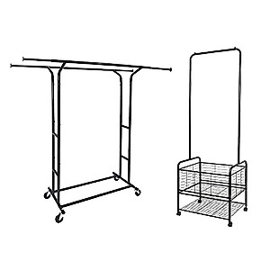 Fishat Heavy Duty Double Rod Garment Rack & Laundry Hamper Butler Cart Basket