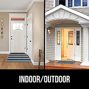 Gorilla Grip Heavy Duty Striped Doormat, Thick Bristles, Crush Proof Texture, Catches Dirt from Shoes, Strong Backing, Easy to Clean, Indoor and Outdoor Entrance Mats, 24x16, Turquoise and Gray