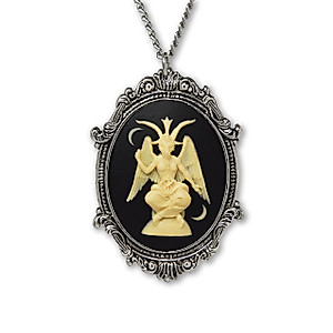 Real Metal Sitting Satanic Baphomet Cameo In Silver Finish Frame Necklace Pendant Ivory on Black
