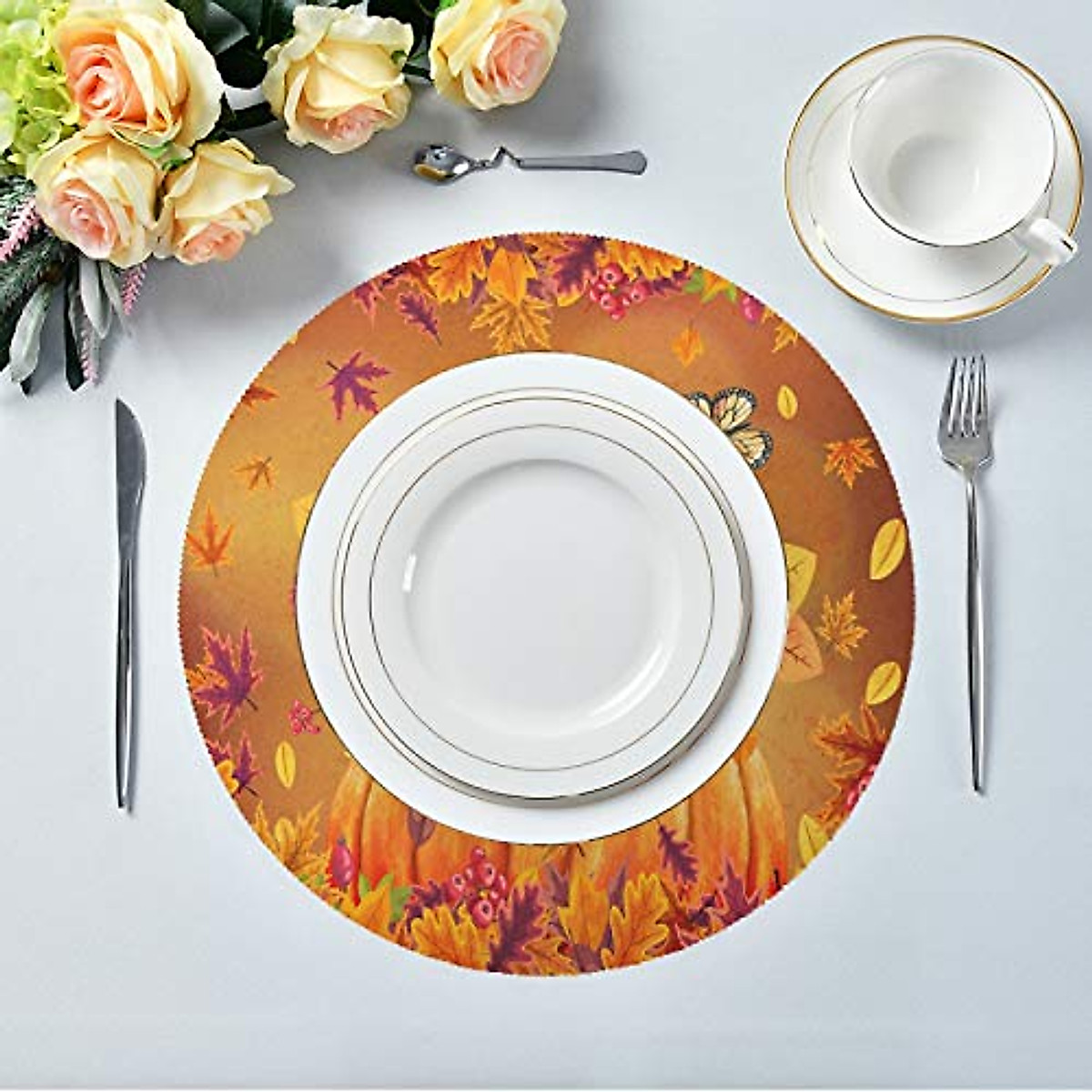Welcome Fall Round Placemats Set of 4 Table Placemats Autumn Buffalo Check Pumpkins Sunflowers Place Mats Fall Leaves Tablemats 15 inch for Kitchen Dining Table Dinner Kids Holiday Party