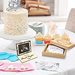 53 Pcs Baby Shower Games Set Including 50 Pcs Wishes for Baby Shower Advice Wishes Cards with Wooden Keepsake Box, Sonogram Photo Picture Frame and Rose Gold Pen for Baby Shower Birthday Activities