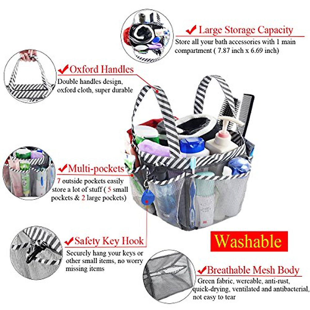 Haundry Mesh Shower Caddy Bag, Portable College Dorm Bathroom Tote, Quick Dry Holder for Camp Gym, 8 Basket Pockets with Key Hook and 2 Oxford Handles, Gray