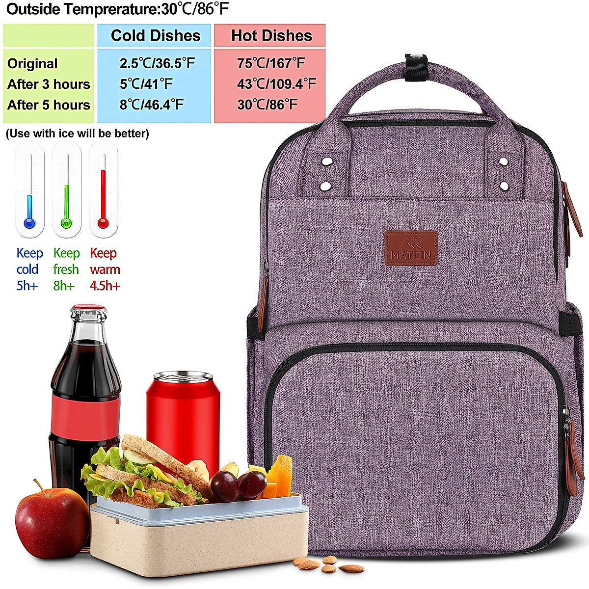 MATEIN Laptop Backpack with Lunch Box, Insulated Women Backpacks with Cooler Compartment, 15.6 inch Water Resistent Tote Food Bag with USB Charging Port for College Beach Camping Picnics Hiking