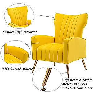 Artechworks Curved Tufted Accent Chair with Metal Gold Legs Velvet Upholstered Arm Club Leisure Modern Chair for Living Room Bedroom Patio, Yellow