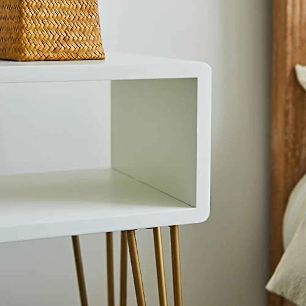COZAYH Modern Contemporary Nightstand Set of 2, Extreme Minimalism End Table Open Shelf Style Bedside Table on Metal Hairpin Legs (White&Gold)