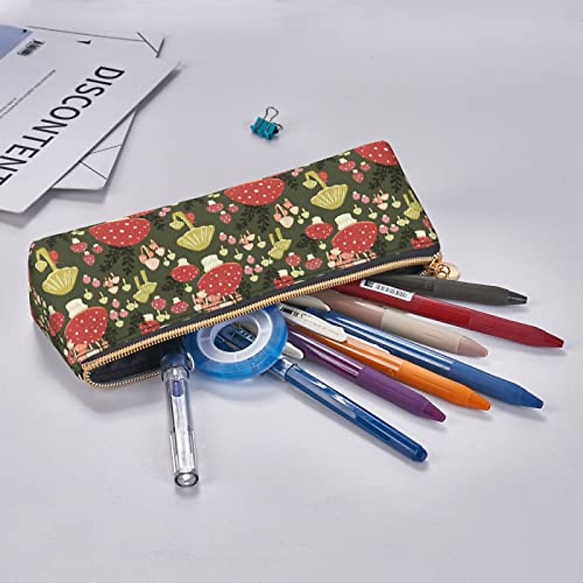 Ykklima Mushrooms Pattern Leather Pencil Case Zipper Pen Makeup Cosmetic Holder Pouch Stationery Bag for School, Work, Office