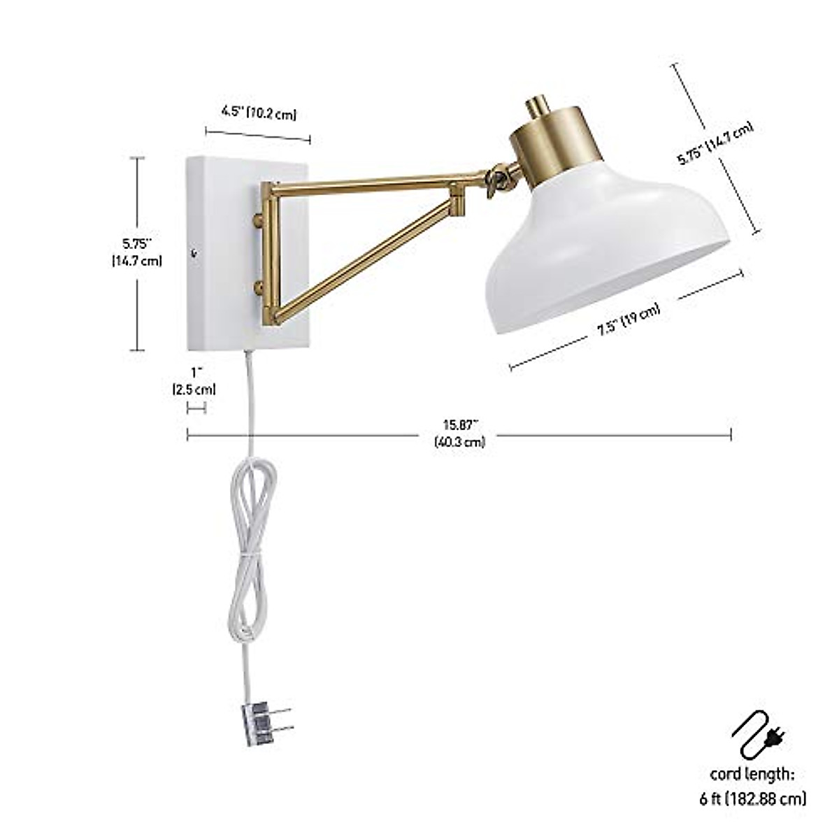 Globe Electric 51344 1-Light Plug-in or Hardwire Swing Arm Wall Sconce, White, Brass Accents, White Cloth Cord, Wall Lighting, Wall Lights for Bedroom, Kitchen Sconces Wall Lighting, Home Décor