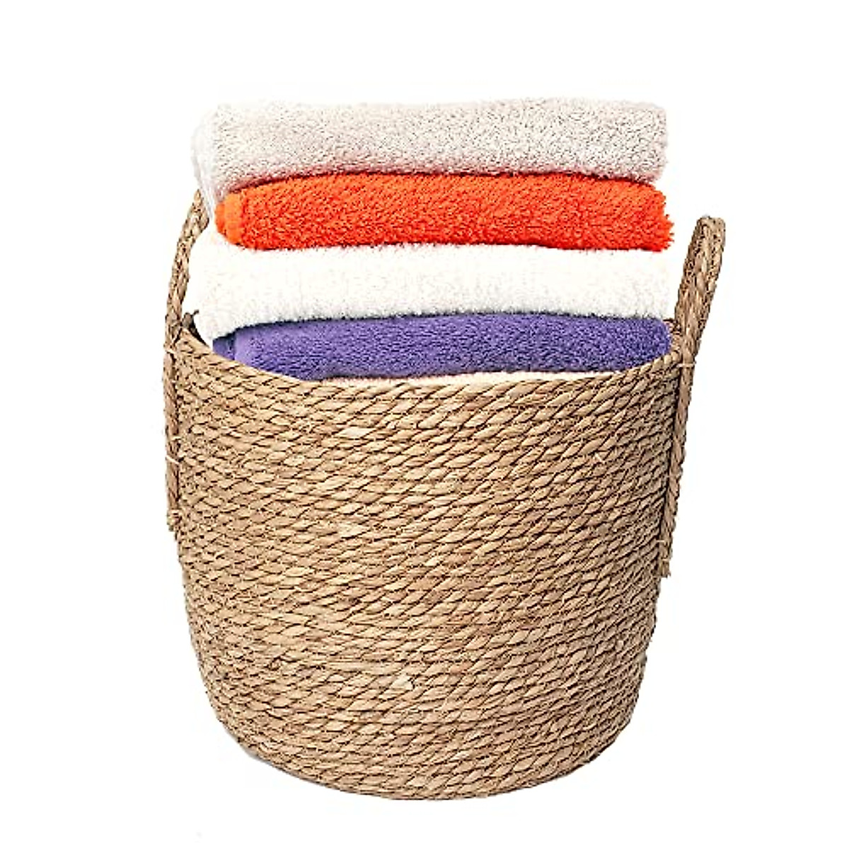 Simple Elements Woven Rattan Storage Basket – Decorative Storage basket for Blankets, Toys, Clothes, Shoes, Towels with Woven Handles – Living Room Home Décor – 12”H x 14” Dia. - Brown