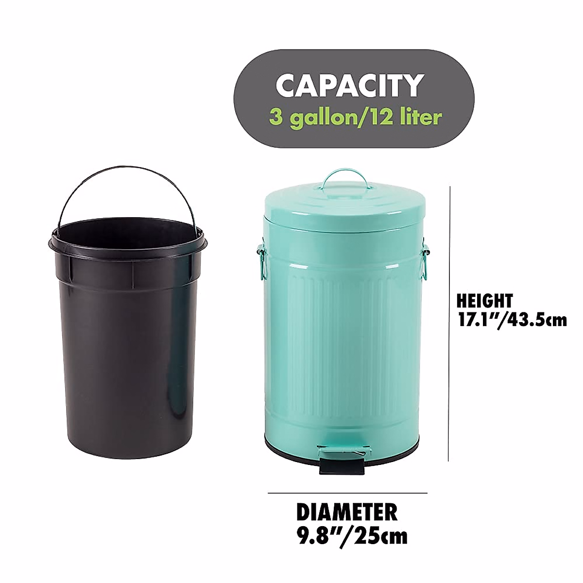 Mint Green Trash Can with Lid, Turquoise Bathroom Bedroom Waste Basket Soft Close, Small Teal Garbage Can, Retro Vintage Home Office Trash Can, 12 Liter/3 Gallon, Glossy Mint Green