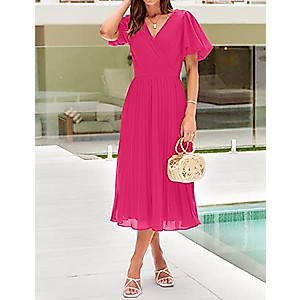 MEROKEETY Summer Dress for Women 2023 Wrap V Neck Bubble Sleeve Pleated Party Midi Dresses,HotPink,S