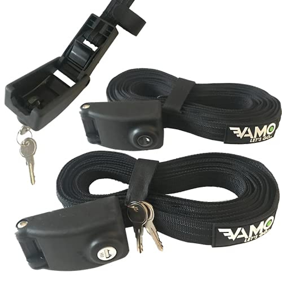 Vamo Premium Locking Tie Downs with 3 Stainless Steel Cables 'No Scratch' Silicone Buckle Surf or SUP Tie Down Straps for Surfboards, Paddle Boards, Kayaks and Canoes (Two Pack) (14' 0")