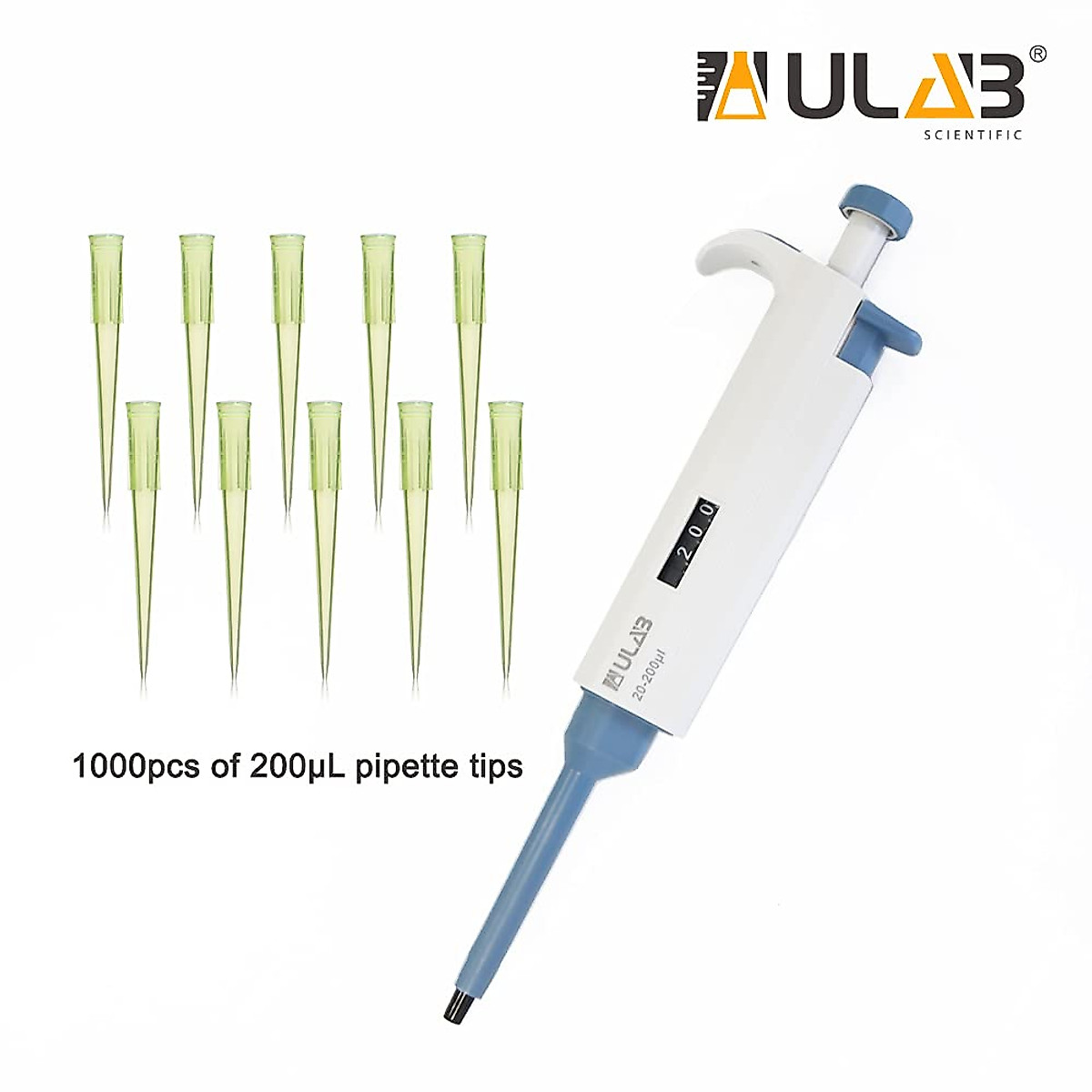 ULAB Single Channel Pipettor with Pipette Tips Offered, 1pc of Adjustable Volume Micro Pipette with Vol.Range.20-200μl, 1000pcs of Vol.200μl Pipette Tips in Yellow Color, ULH1020
