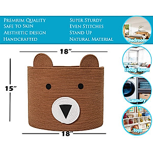 Bear Basket, Animal Basket, Large Cotton Rope Basket, Large Storage Basket, Woven Laundry Hamper, Toy Storage Bin, for Kids Toys Clothes in Bedroom, Baby Nursery, Orange Brown 18"x15"