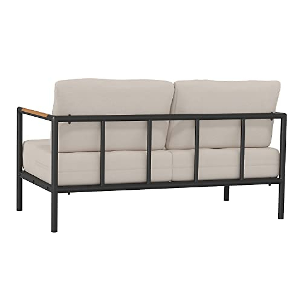 Flash Furniture Modern Patio Loveseat With Cushions - Contemporary Black Frame and Teak Accented Arms - Beige Cushions - Zippered Removable Covers