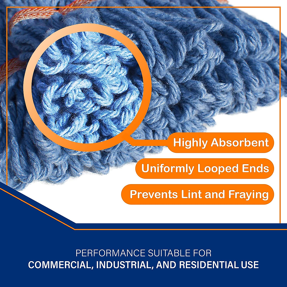 Nine Forty Industrial and Commercial-Grade Looped End Wet Mop - String Mop with 42”-72” Adjustable Aluminum Handle Length - Flip Grip Clamp - for Optimal Absorption and Durability - Blue