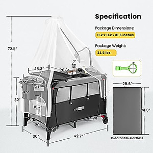 VIVOHOME 5 in 1 Baby Bassinet Bedside Sleeper Pack and Play with Mosquito Net, Diaper Changer, Safety Strap, Stand Up Ring, Mattress, Music Box Portable Travel Crib for Newborn to Toddlers, Black