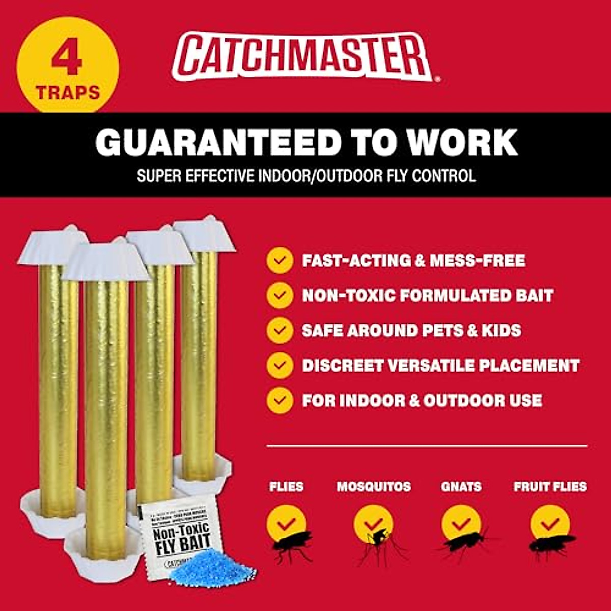 Catchmaster Gold Stick Fly Trap 4-Pk, Bug & Fruit Fly Traps for Indoors & Outdoors, Premium Adhesive Mosquito, Gnat, & Bug Catcher, Pheromone Baited Insect Killer, Pet Safe, Bulk Pest Control for Home