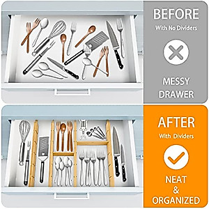 Bamboo Drawer Dividers with 6 Inserts, Expandable Drawer Organizer, Spring Loaded Adjustable Kitchen Drawer Organizer for Clothes Silverware Knife Utensil, Drawer Separators 4-Pack (17-22 inch)