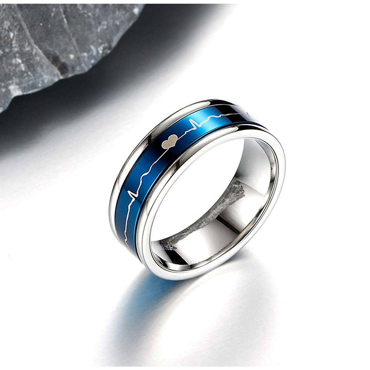 HIJONES Unisex 7MM Love ECG Heartbeat Spinner Ring Stainless Steel Wedding Promise Band Blue Size 8