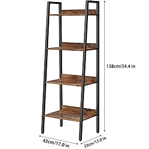 Bookshelf, Ladder Shelf with Steel Frame, 4-Tier Industrial Bookcase, Narrow Tiered Shelf for Small Space, Corner Shelf for Living Room, Home Office, Kitchen, Bedroom, Bathroom（Rustic Brown & Black）