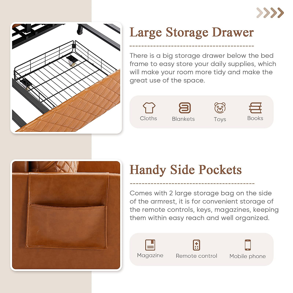 Deolme Convertible Sleeper Sofa Bed, Modern Loveseat Couch with Pull Out Bed, Small Love Seat Futon Sofa Bed with 2 Pillows&Side Pockets&Storage for Living Room,Sofa cama para habitacion (Brown PU)