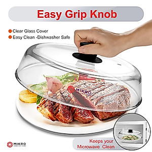 Glass Microwave splatter cover for food plate - Sturdy Borosilicate glass splatter guard with vent hole - 100% Food Safe BPA free Easy Grip Silicone Knob and Dishwasher safe - 10.5in