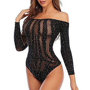 Maiyifu-GJ Women Sexy Rhinestone Fishnet Bodysuit One Piece Mesh Teddy Bodycon Lingerie Long Sleeve See Through Leotard Tops (Black,One Size)