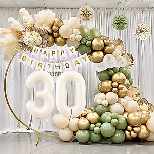GYESXYW Sage Green 30th Birthday Decorations for Women, Olive Green and Gold 30th Birthday Decorations Set, Happy Birthday Banner, Birthday Sash, Crown, Confetti Balloons for Her Women Party Supplies