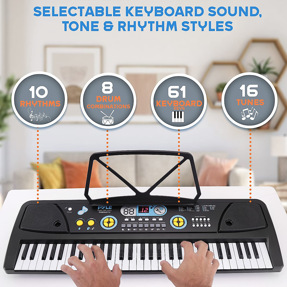 Pyle Electric Keyboard 61 Keys-Portable Digital Musical Karaoke Piano Keyboard-10 Rhythms 16 Tones, Stereo Speakers, Rechargeable Battery-Wired Microphone-Beginners Kids (PKBRD6112)