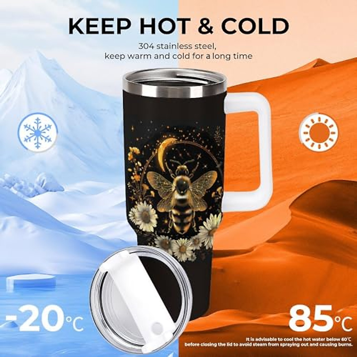 Bee Moon 40OZ Tumbler Stainless Steel Travel Mug Water Bottle Car Cup Tea Cups with Lid White-style