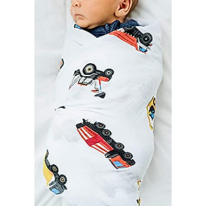 Bundle of ADDISON BELLE Products - 100% Cotton Fitted Crib Sheet + Muslin Swaddle - Construction Trucks - Soft, Durable & Breathable