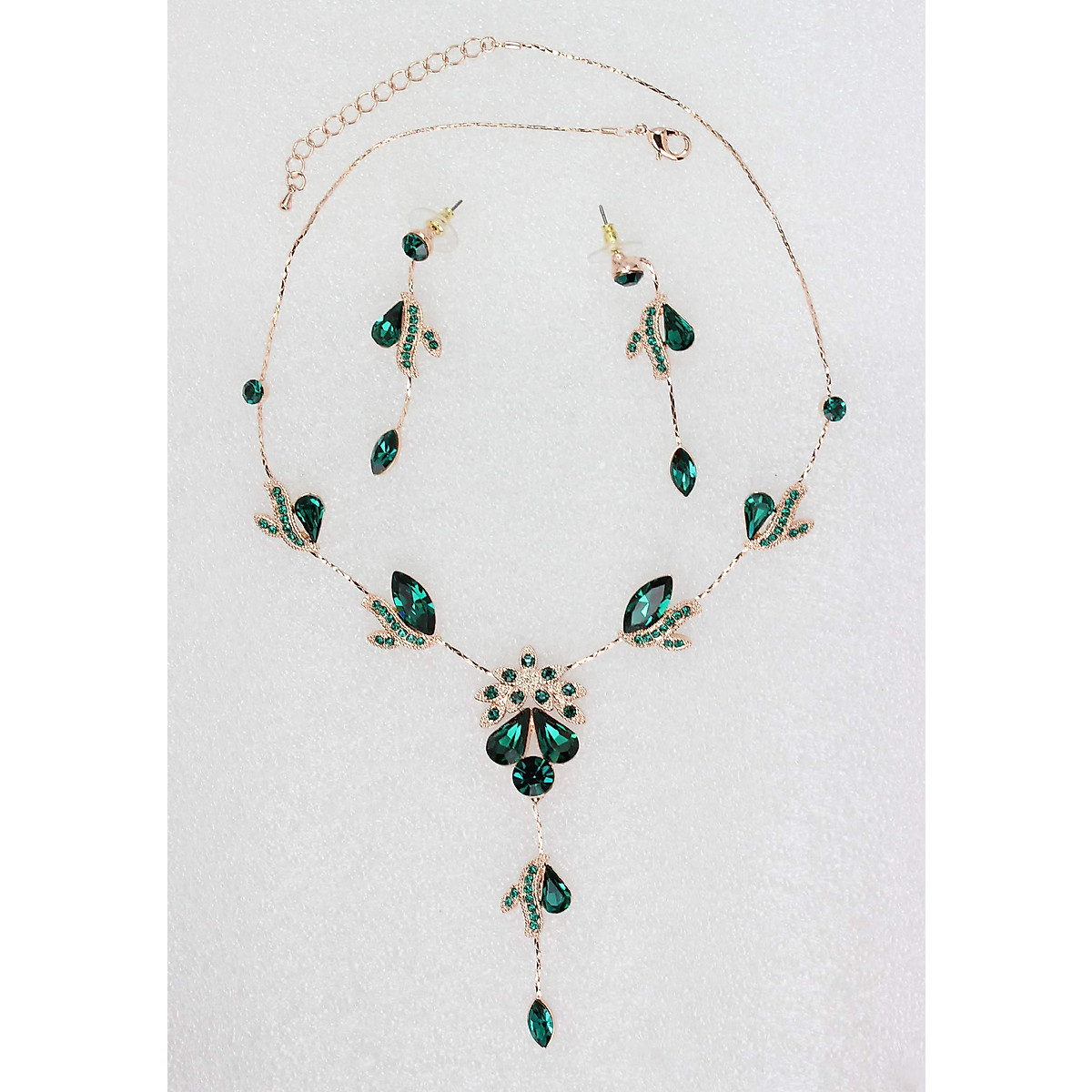 Faship Gorgeous Green Crystal Necklace Earrings Set Wedding Party - Green/Rose Gold Plated